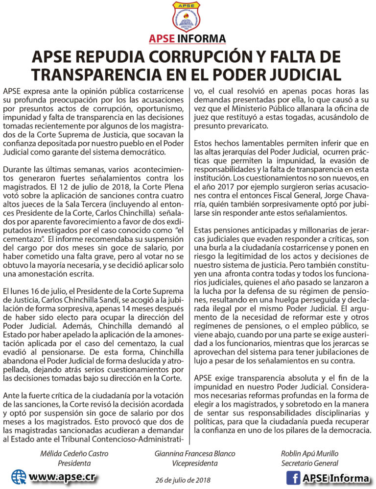 APSE REPUDIA CORRUPCIÓN Y FALTA DE TRANSPARENCIA EN EL PODER JUDICIAL – APSE Asociación de ...
