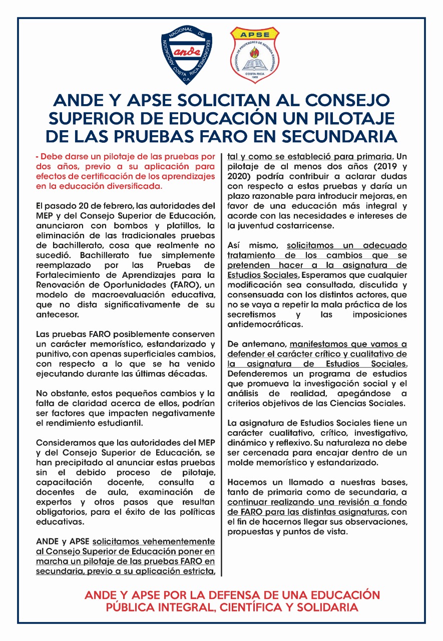ANDE Y APSE SOLICITAN AL CONSEJO SUPERIOR DE EDUCACIÓN UN PILOTAJE DE ...