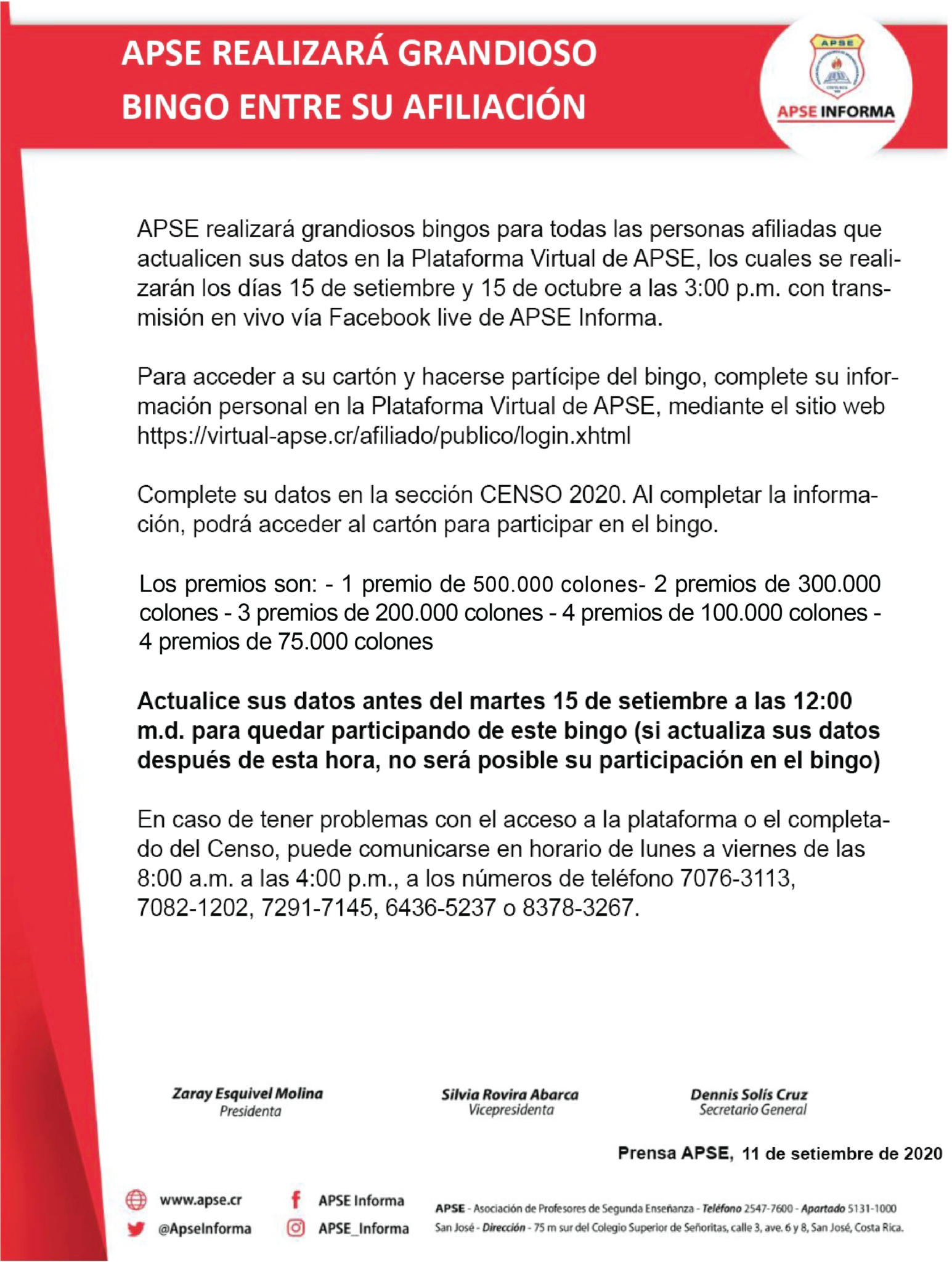 APSE REALIZARÁ GRANDIOSO BINGO ENTRE SU AFILIACIÓN – APSE Asociación de ...