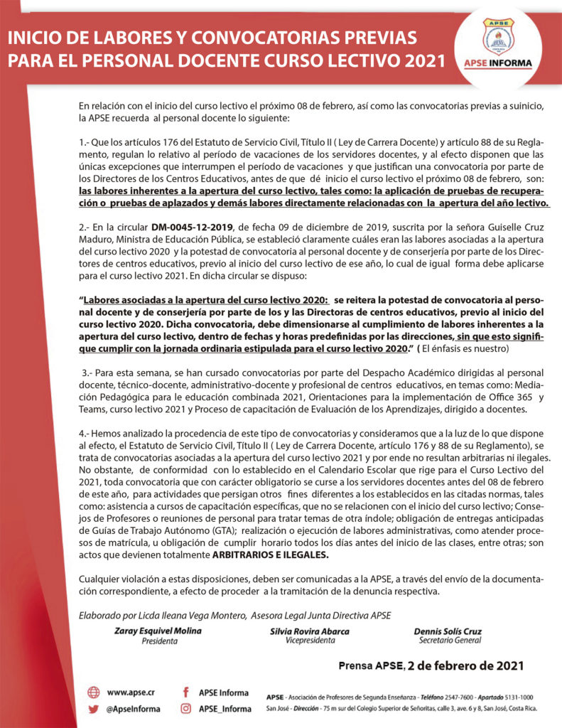 INICIO DE LABORES Y CONVOCATORIAS PREVIAS PARA EL PERSONAL DOCENTE CURSO LECTIVO 2021 – APSE ...