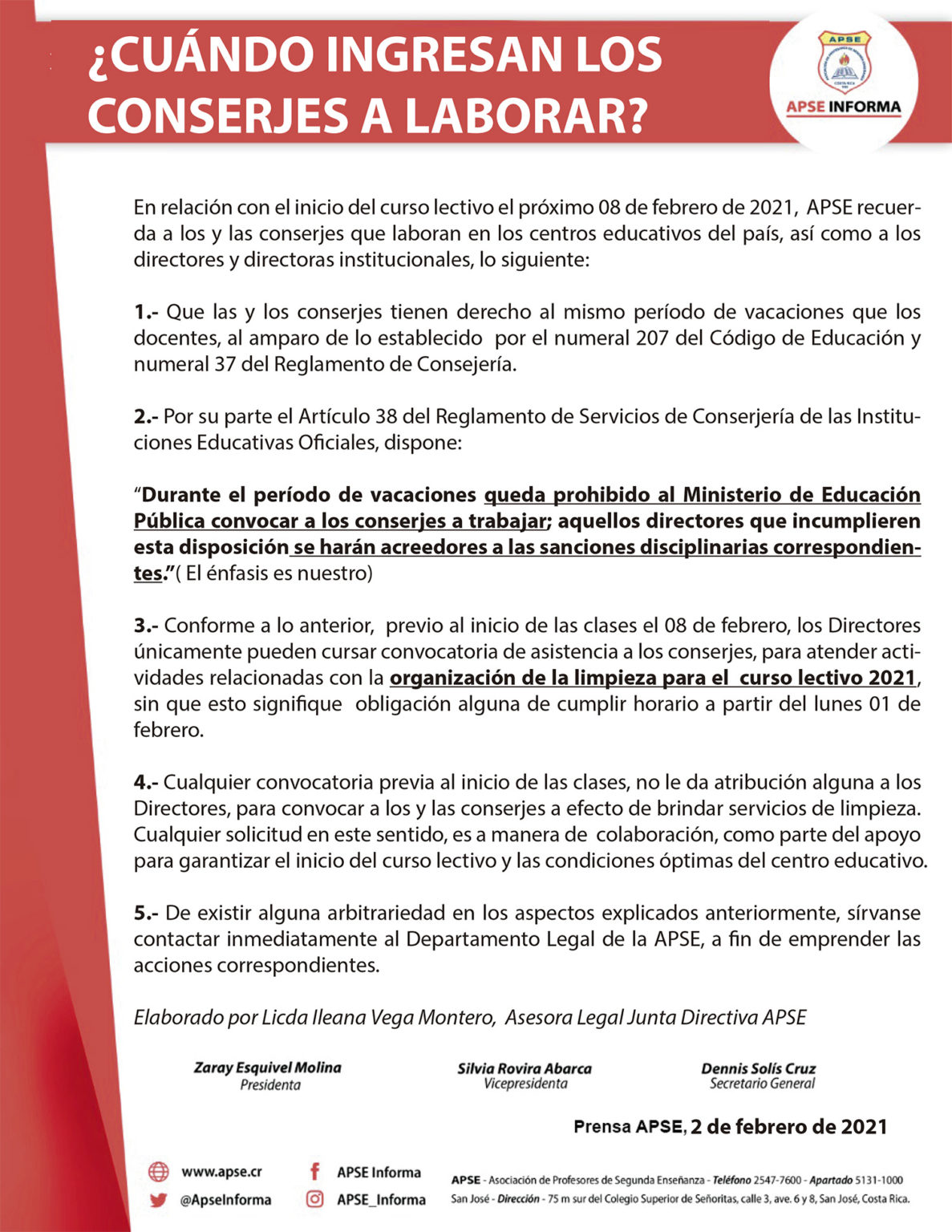 ¿CUÁNDO INGRESAN LOS CONSERJES A LABORAR? – APSE Asociación de ...