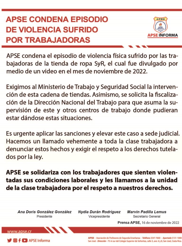 APSE CONDENA EPISODIO DE VIOLENCIA SUFRIDO POR TRABAJADORAS – APSE ...