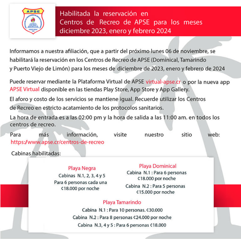 Habilitada la reservación en Centros de Recreo de APSE para los meses ...