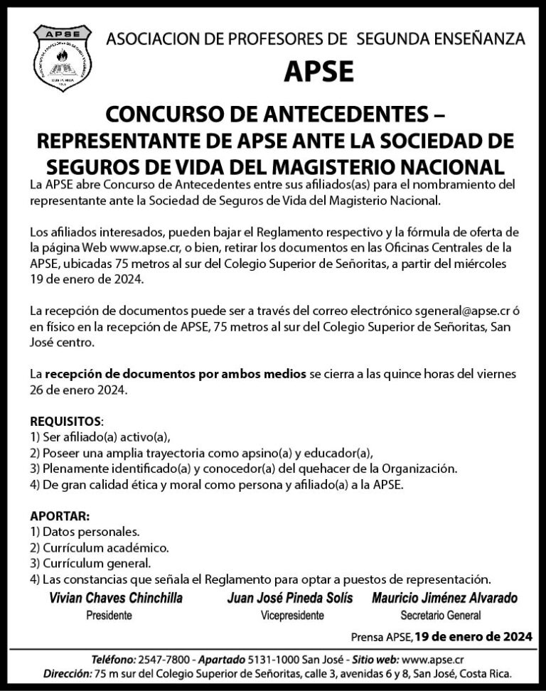 CONCURSO DE ANTECEDENTES – REPRESENTANTE DE APSE ANTE LA SOCIEDAD DE ...