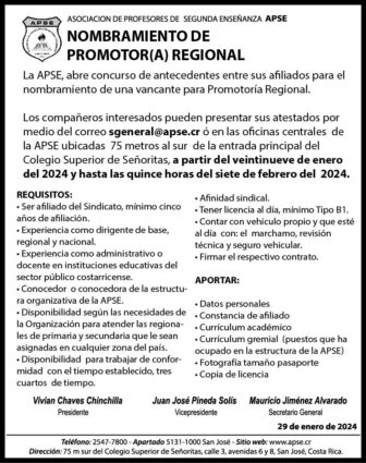 NOMBRAMIENTO DE PROMOTOR(A) REGIONAL – APSE Asociación de Profesores de ...