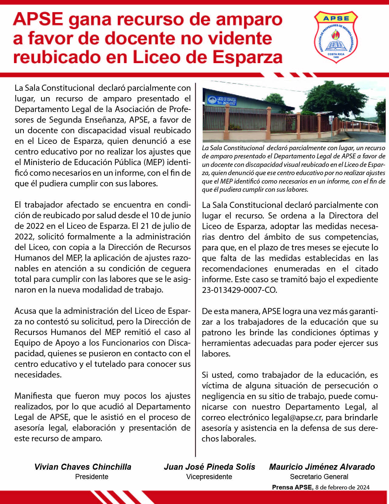 APSE gana recurso de amparo a favor de docente no vidente reubicado en ...