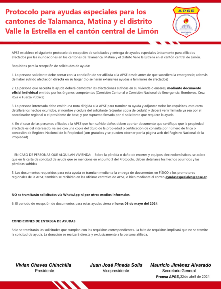 PROTOCOLO PARA AYUDAS ESPECIALES PARA LOS CANTONES DE TALAMANCA, MATINA ...