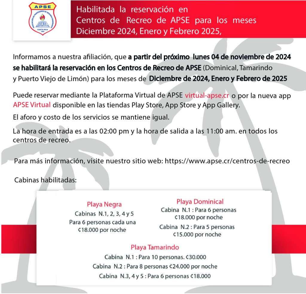 Habilitada la reservación en Centros de Recreo de APSE para los meses ...